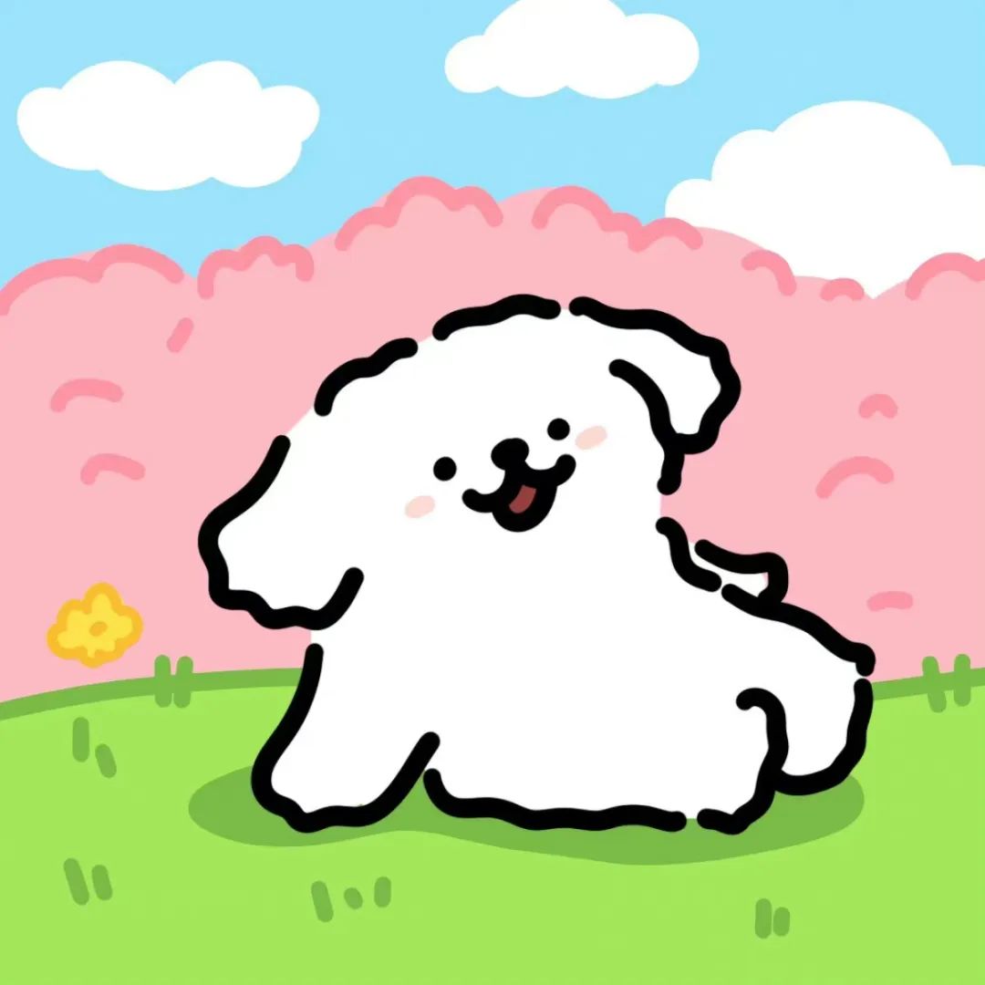 可爱小白狗草地惬意趴卧，背景蓝天白云粉树尽显清新 线条小狗情侣头像表情包图片gif动图 - 求表情网,斗图从此不求人!