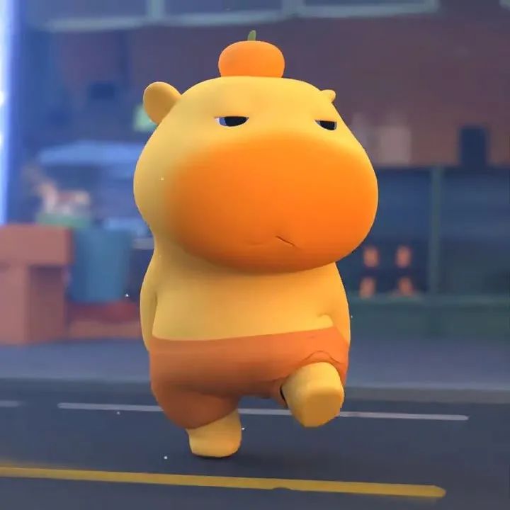 可爱小黄河马头顶橘子，单腿迈步超萌超可爱 水豚噜噜|黄色河马表情包(新)表情包图片gif动图 - 求表情网,斗图从此不求人!