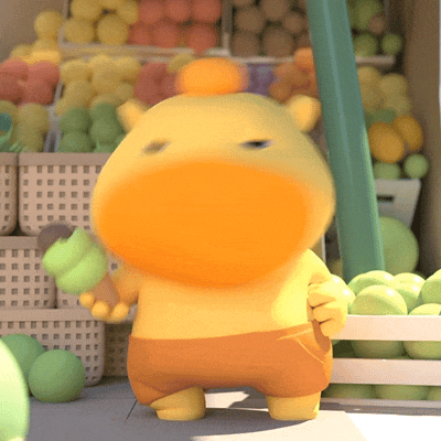 可爱的卡通河马手持冰淇淋，站在水果堆中呆萌可爱 表情包丨又周一了表情包图片gif动图 - 求表情网,斗图从此不求人!