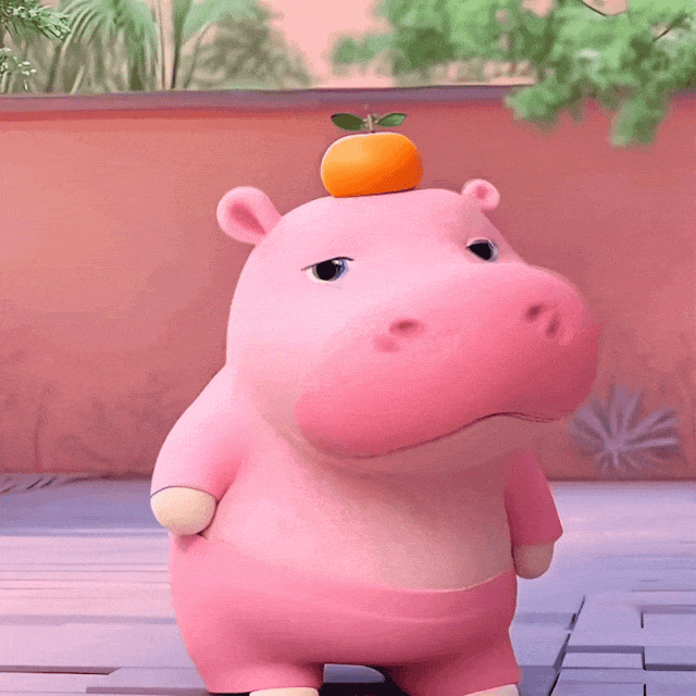 粉色水豚噜噜动态表情包 可爱粉河马头顶橘子，呆萌模样惹人爱表情包图片gif动图 - 求表情网,斗图从此不求人!