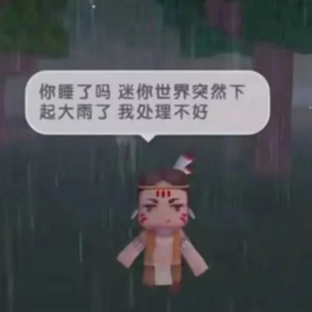超全迷你世界抽象头像 《迷你世界》角色在雨中无助，配文“你睡了吗 我处理不好大雨”表情包图片gif动图 - 求表情网,斗图从此不求人!